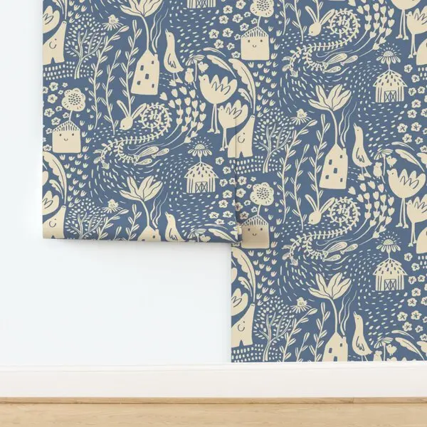 Spoonflower Whimsical Folk Art Cream Bird Floral Shabby Custom Pre-pasted Wallpaper - Blue