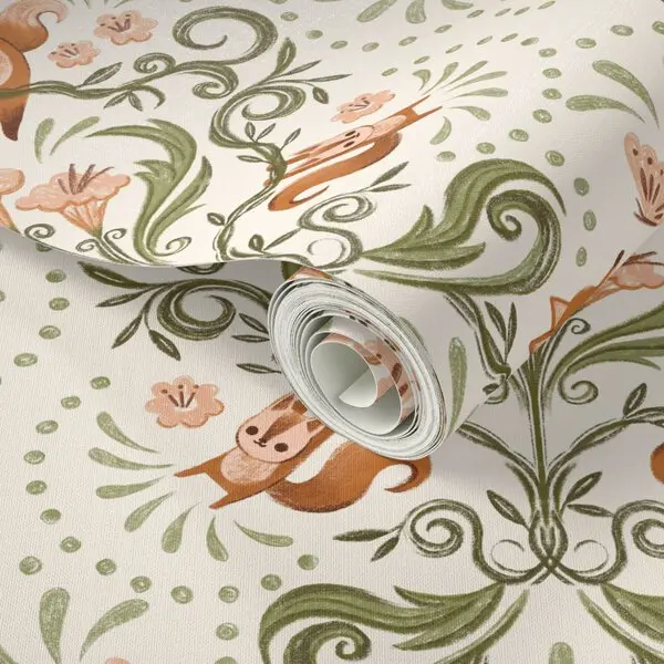 Spoonflower Whimsical Fox Squirrel Botanical Nature Custom Pre-pasted Wallpaper
