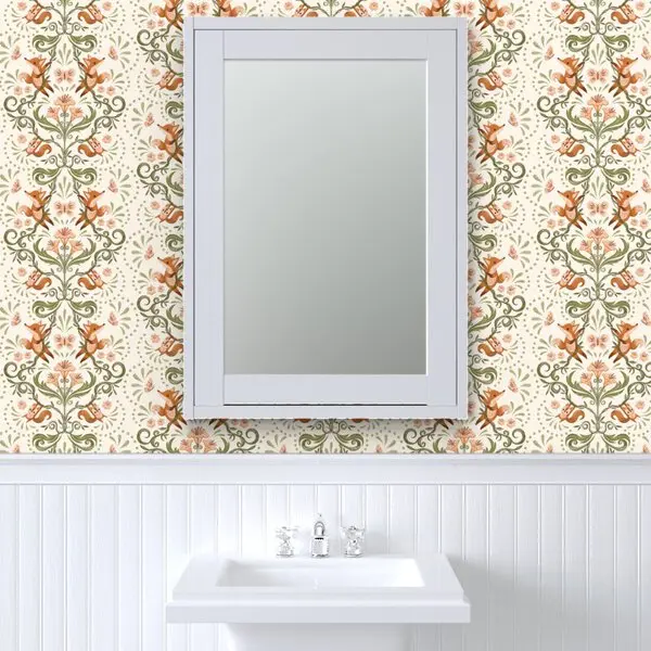 Spoonflower Whimsical Fox Squirrel Botanical Nature Custom Pre-pasted Wallpaper