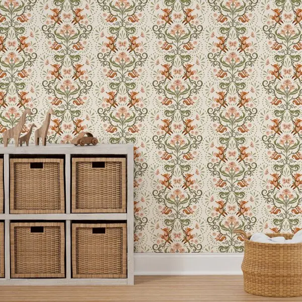 Spoonflower Whimsical Fox Squirrel Botanical Nature Custom Pre-pasted Wallpaper
