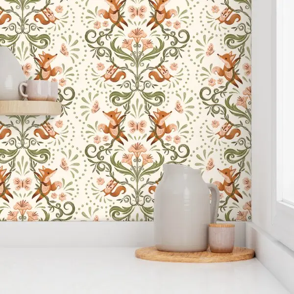 Spoonflower Whimsical Fox Squirrel Botanical Nature Custom Pre-pasted Wallpaper
