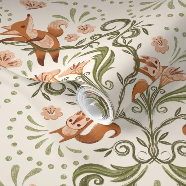 Spoonflower Whimsical Fox Squirrel Botanical Nature Custom Pre-pasted Wallpaper