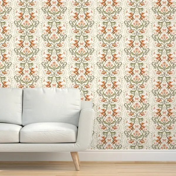 Spoonflower Whimsical Fox Squirrel Botanical Nature Custom Pre-pasted Wallpaper