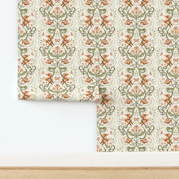 Spoonflower Whimsical Fox Squirrel Botanical Nature Custom Pre-pasted Wallpaper