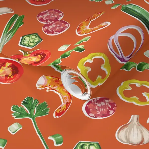 Spoonflower Green Orange Food Novelty Vegetables Cooking Soup Custom Pre-pasted Wallpaper - Orange,beige,green