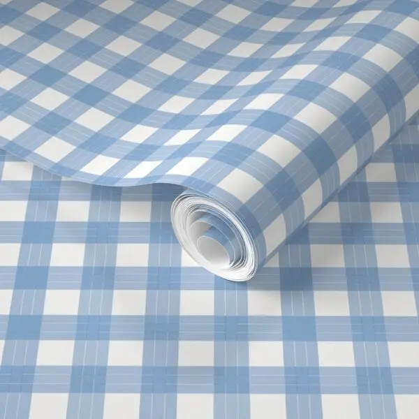 Spoonflower Blue Plaid Country Gingham Sky Check Picnic Custom Pre-pasted Wallpaper - White,blue