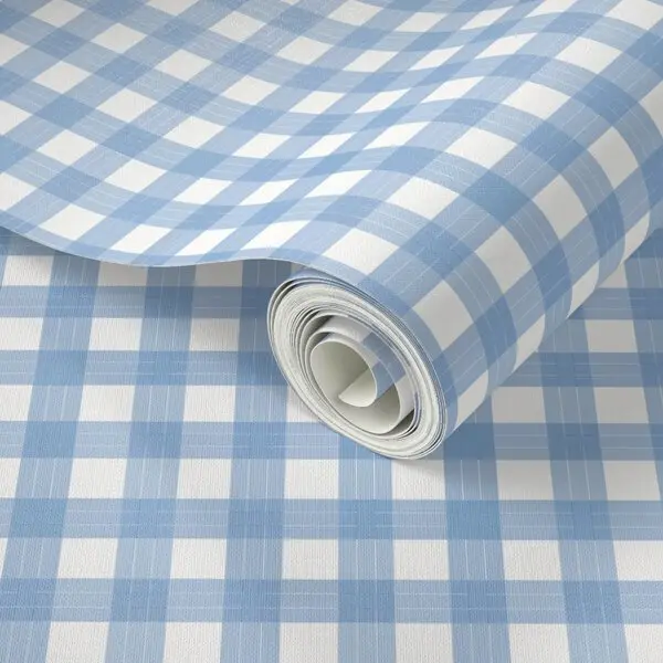 Spoonflower Blue Plaid Country Gingham Sky Check Picnic Custom Pre-pasted Wallpaper - White,blue