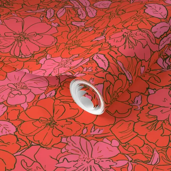 Spoonflower Floral Pink Retro Flowers Hand Drawn Custom Pre-pasted Wallpaper - Red