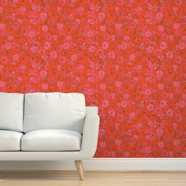 Spoonflower Floral Pink Retro Flowers Hand Drawn Custom Pre-pasted Wallpaper - Red