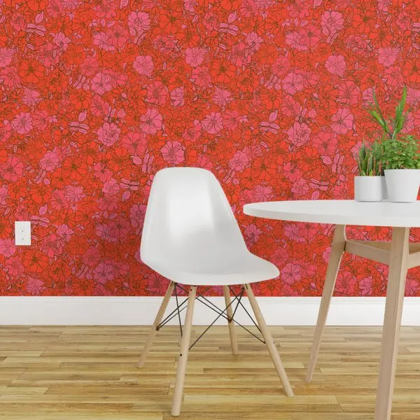 Spoonflower Floral Pink Retro Flowers Hand Drawn Custom Pre-pasted Wallpaper - Red
