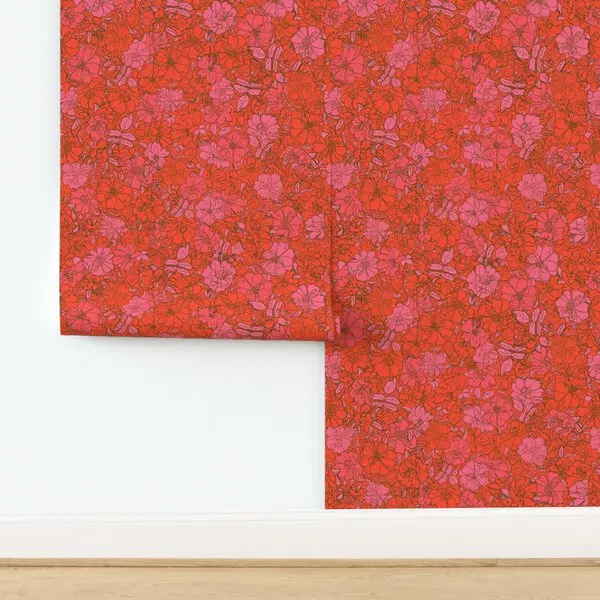 Spoonflower Floral Pink Retro Flowers Hand Drawn Custom Pre-pasted Wallpaper - Red