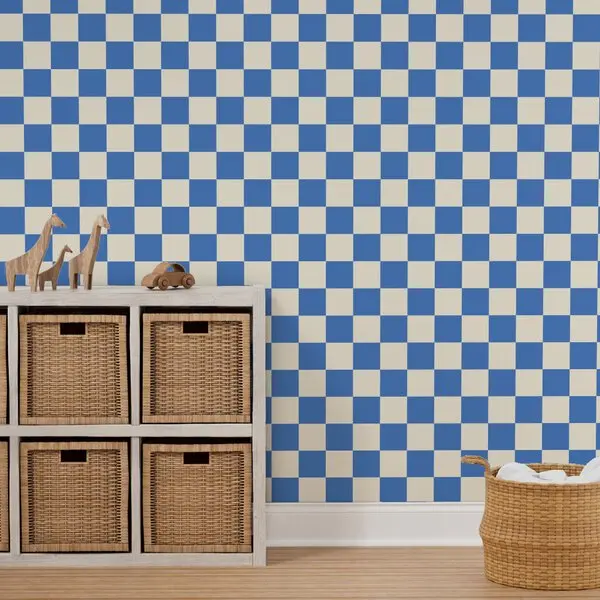 Spoonflower Minimal Cobalt Retro Grid Checkerboard Custom Pre-pasted Wallpaper - Blue