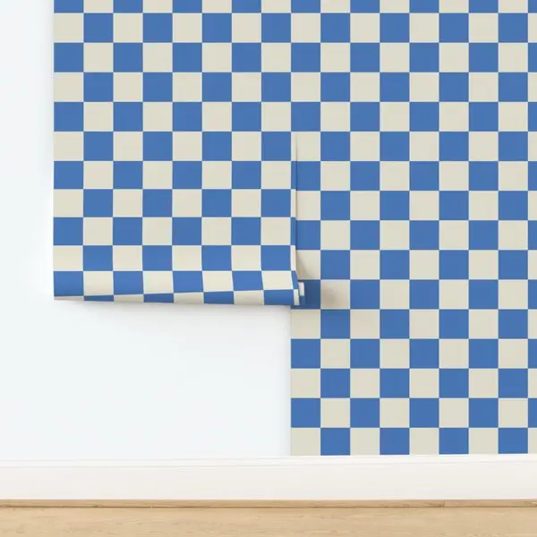 Spoonflower Minimal Cobalt Retro Grid Checkerboard Custom Pre-pasted Wallpaper - Blue