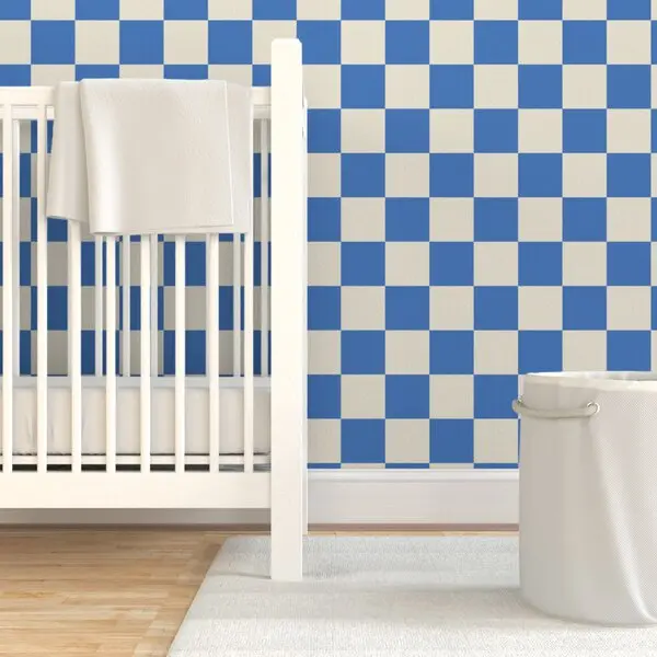 Spoonflower Minimal Cobalt Retro Grid Checkerboard Custom Pre-pasted Wallpaper - Blue