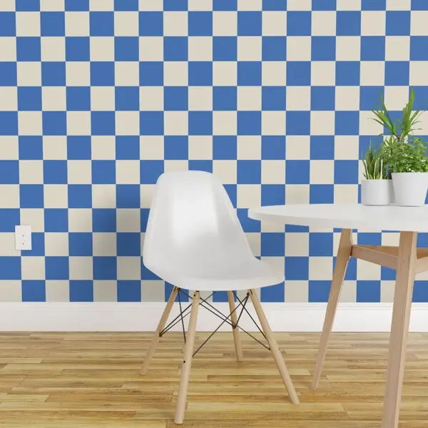 Spoonflower Minimal Cobalt Retro Grid Checkerboard Custom Pre-pasted Wallpaper - Blue