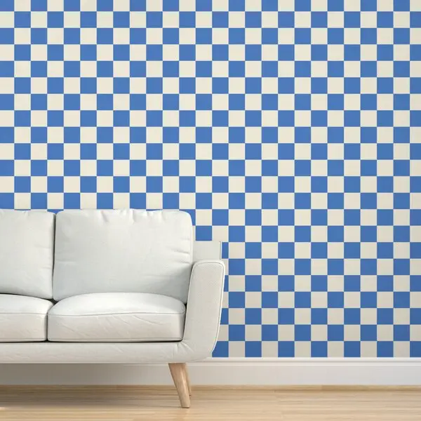 Spoonflower Minimal Cobalt Retro Grid Checkerboard Custom Pre-pasted Wallpaper - Blue