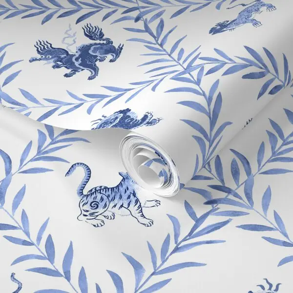 Spoonflower Chinoiserie And White Lattice Trellis Custom Pre-pasted Wallpaper - Blue