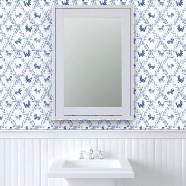 Spoonflower Chinoiserie And White Lattice Trellis Custom Pre-pasted Wallpaper - Blue