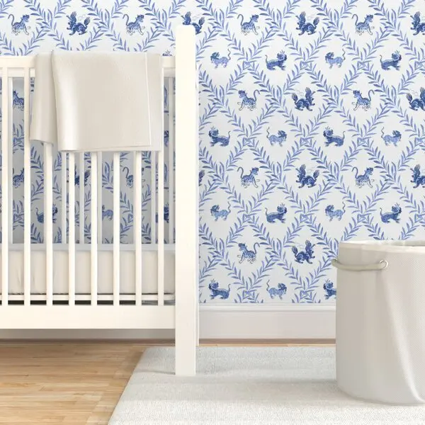 Spoonflower Chinoiserie And White Lattice Trellis Custom Pre-pasted Wallpaper - Blue