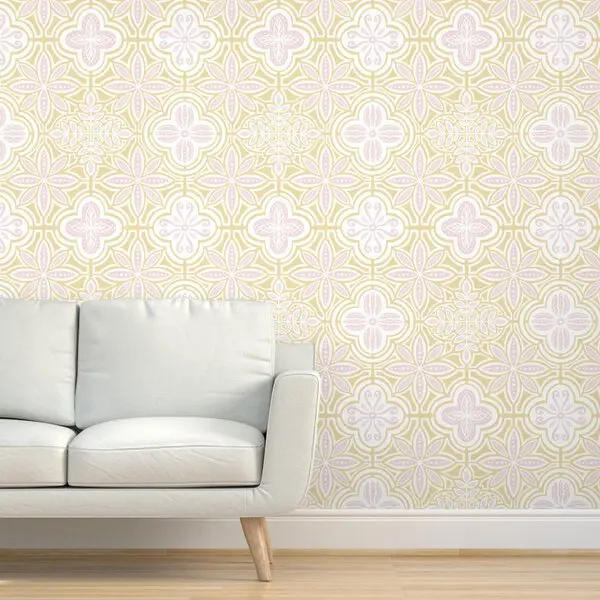 Spoonflower Talavera Spring Floral Pastel Colors And Custom Pre-pasted Wallpaper - Pink