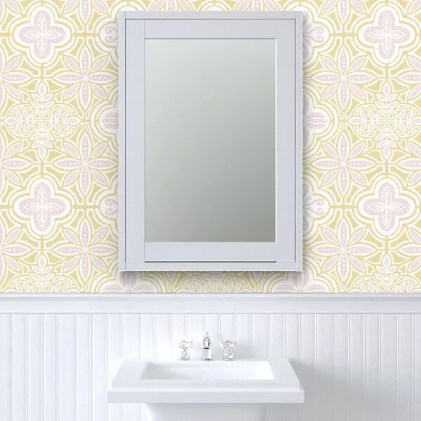 Spoonflower Talavera Spring Floral Pastel Colors And Custom Pre-pasted Wallpaper - Pink