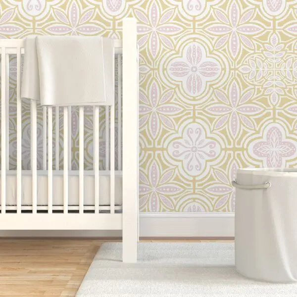 Spoonflower Talavera Spring Floral Pastel Colors And Custom Pre-pasted Wallpaper - Pink