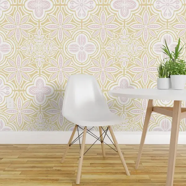 Spoonflower Talavera Spring Floral Pastel Colors And Custom Pre-pasted Wallpaper - Pink