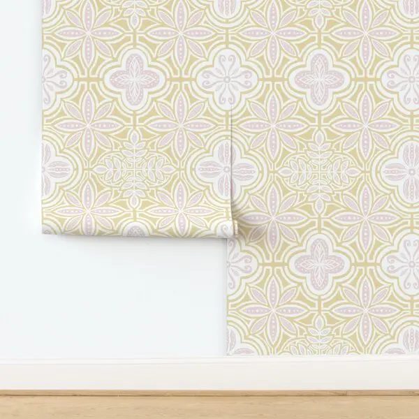 Spoonflower Talavera Spring Floral Pastel Colors And Custom Pre-pasted Wallpaper - Pink