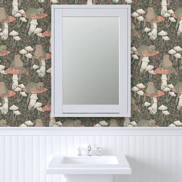 Spoonflower Mushrooms Berries Forest Woodland Custom Pre-pasted Wallpaper - Green