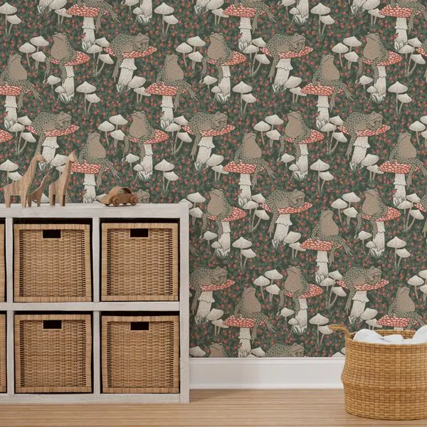 Spoonflower Mushrooms Berries Forest Woodland Custom Pre-pasted Wallpaper - Green