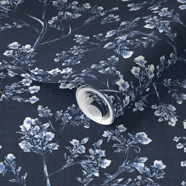 Spoonflower Botanical Toile Traditional Classic Dark Blue Custom Pre-pasted Wallpaper - Blue,navy