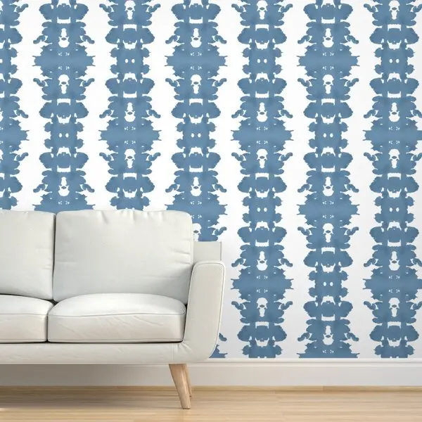 Spoonflower Inkblot Stripe White Denim Abstract Modern Custom Pre-pasted Wallpaper - Blue