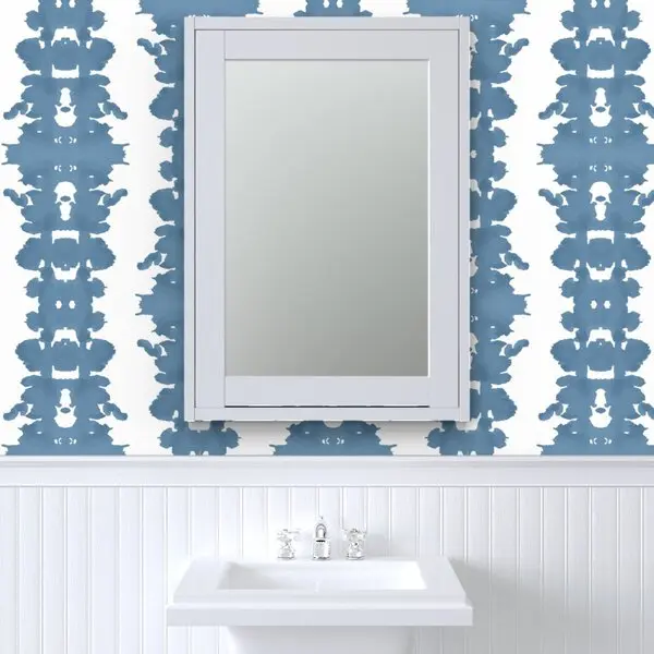 Spoonflower Inkblot Stripe White Denim Abstract Modern Custom Pre-pasted Wallpaper - Blue