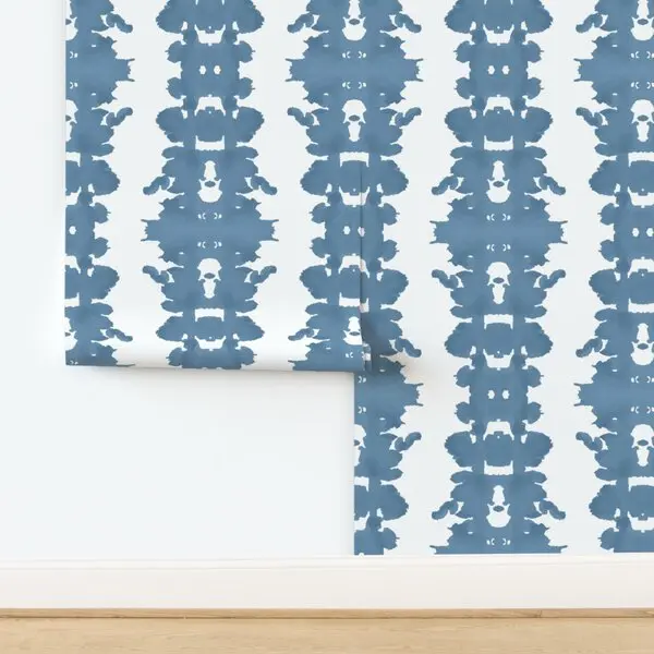 Spoonflower Inkblot Stripe White Denim Abstract Modern Custom Pre-pasted Wallpaper - Blue