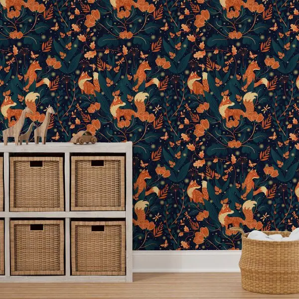 Spoonflower Whimsical Garden Orange Foxes Midnight Custom Pre-pasted Wallpaper