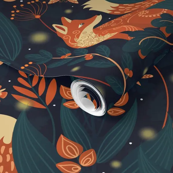 Spoonflower Whimsical Garden Orange Foxes Midnight Custom Pre-pasted Wallpaper
