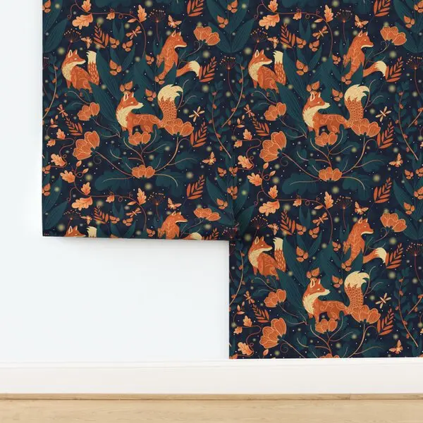 Spoonflower Whimsical Garden Orange Foxes Midnight Custom Pre-pasted Wallpaper