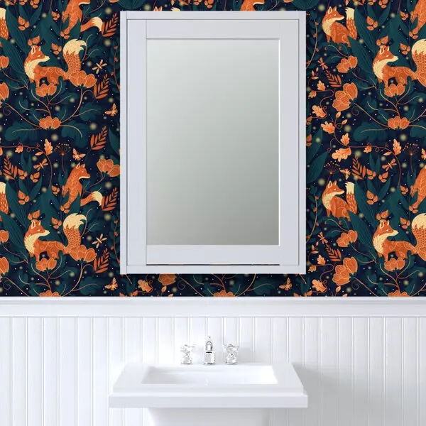 Spoonflower Whimsical Garden Orange Foxes Midnight Custom Pre-pasted Wallpaper