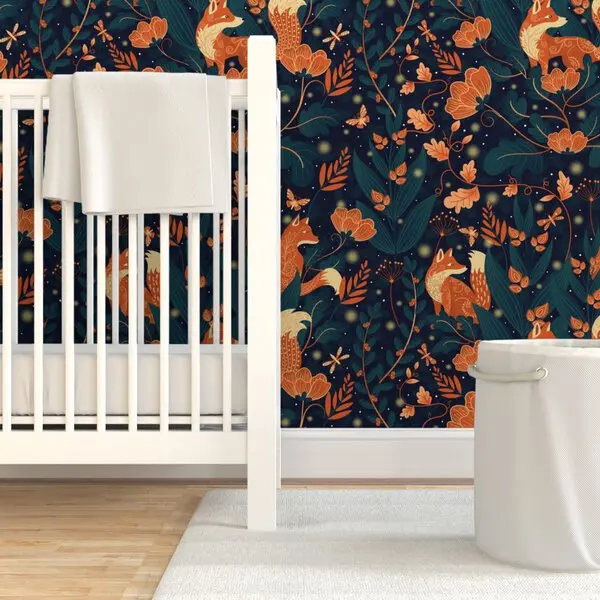 Spoonflower Whimsical Garden Orange Foxes Midnight Custom Pre-pasted Wallpaper