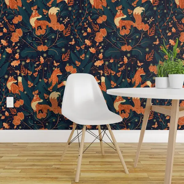 Spoonflower Whimsical Garden Orange Foxes Midnight Custom Pre-pasted Wallpaper