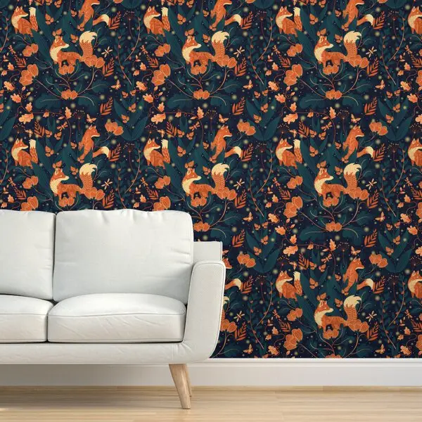 Spoonflower Whimsical Garden Orange Foxes Midnight Custom Pre-pasted Wallpaper