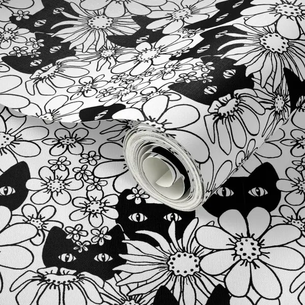Spoonflower Daisies Cats Black Custom Pre-pasted Wallpaper - Black,white,gray