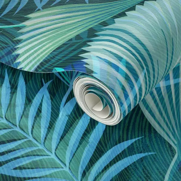 Spoonflower Blue Palm Tropical Foliage Rainforest Summer Custom Pre-pasted Wallpaper - Green,blue,turquoise