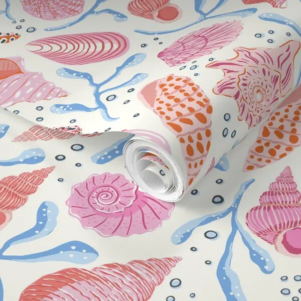Spoonflower Coastal Shells Coral Beach Summer Nautical Custom Pre-pasted Wallpaper - Pink