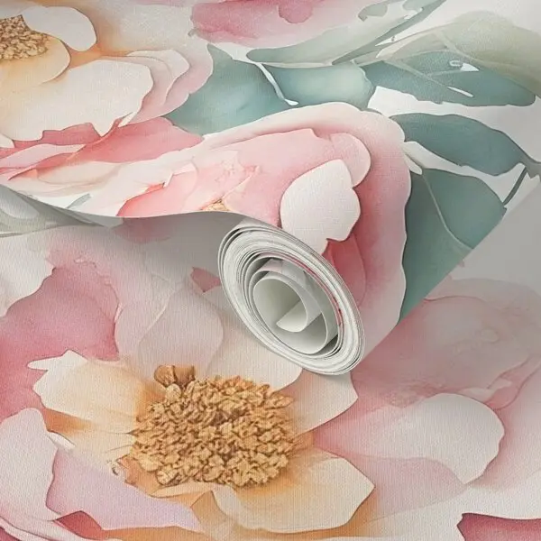 Spoonflower Blooming Peony Pastel Flower Custom Pre-pasted Wallpaper - Pink