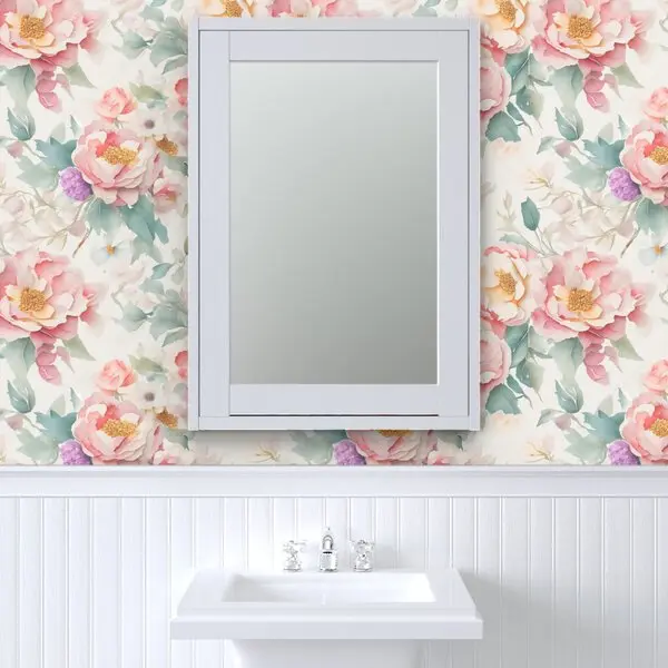 Spoonflower Blooming Peony Pastel Flower Custom Pre-pasted Wallpaper