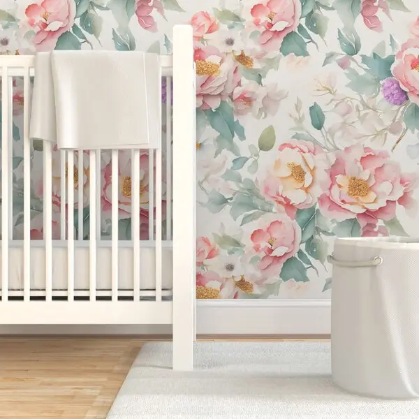 Spoonflower Blooming Peony Pastel Flower Custom Pre-pasted Wallpaper