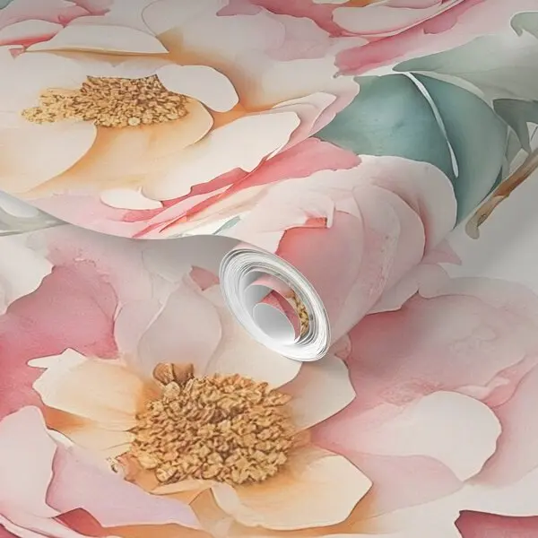 Spoonflower Blooming Peony Pastel Flower Custom Pre-pasted Wallpaper - Pink