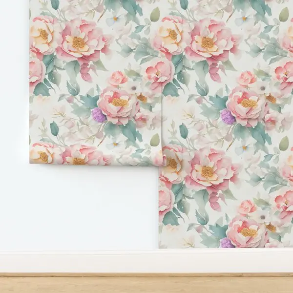 Spoonflower Blooming Peony Pastel Flower Custom Pre-pasted Wallpaper - Pink