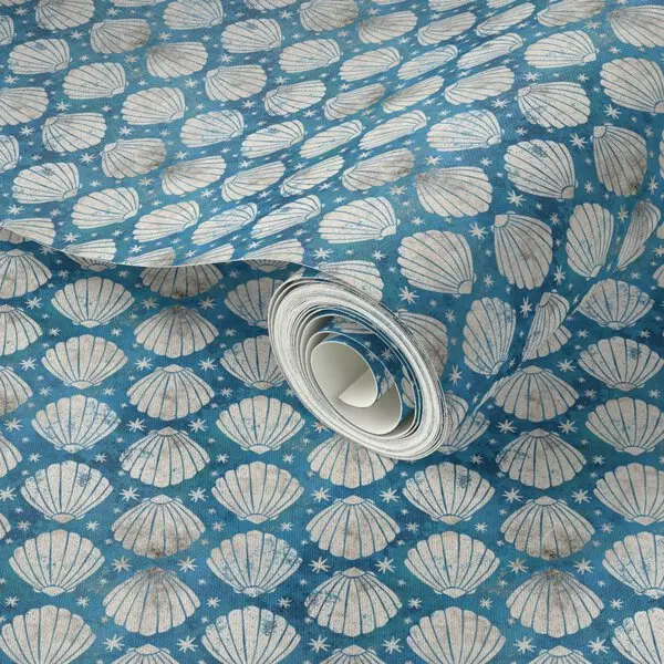 Spoonflower Ocean Nautical Seashells Scallop Shell Custom Pre-pasted Wallpaper - Blue